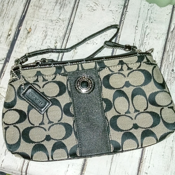Coach | Bags | Coach Black Gray Signature Stripe Large Wristlet | Poshmark